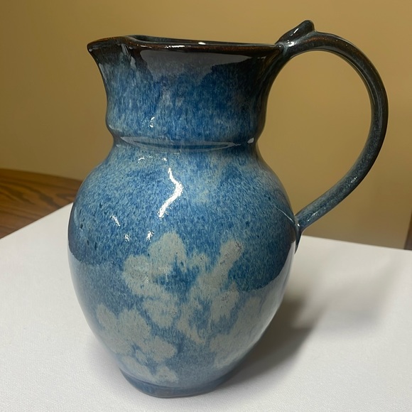 Art | Pottery Pitcher Blue Glaze With Flower Design | Poshmark